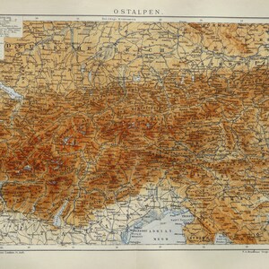 1910 Antique Map of THE ALPS. Physical Map of Mountains, Rivers ...