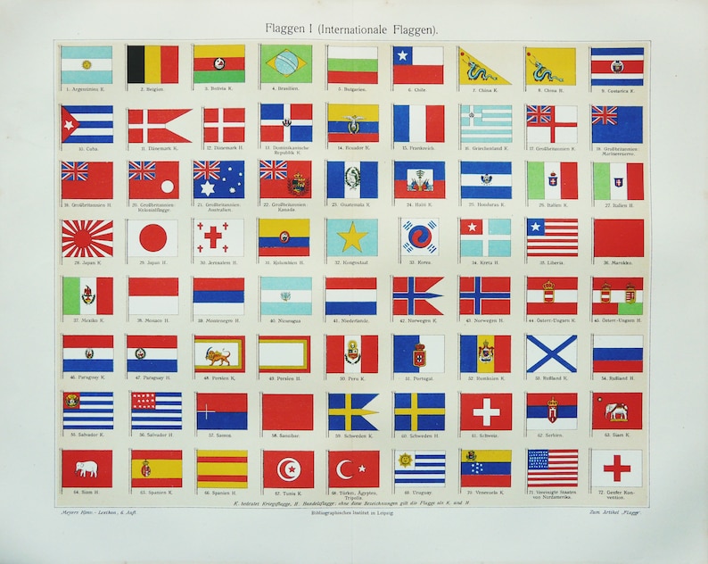 1897 Antique Lithograph of FLAGS of THE WORLD. Countries of the World ...