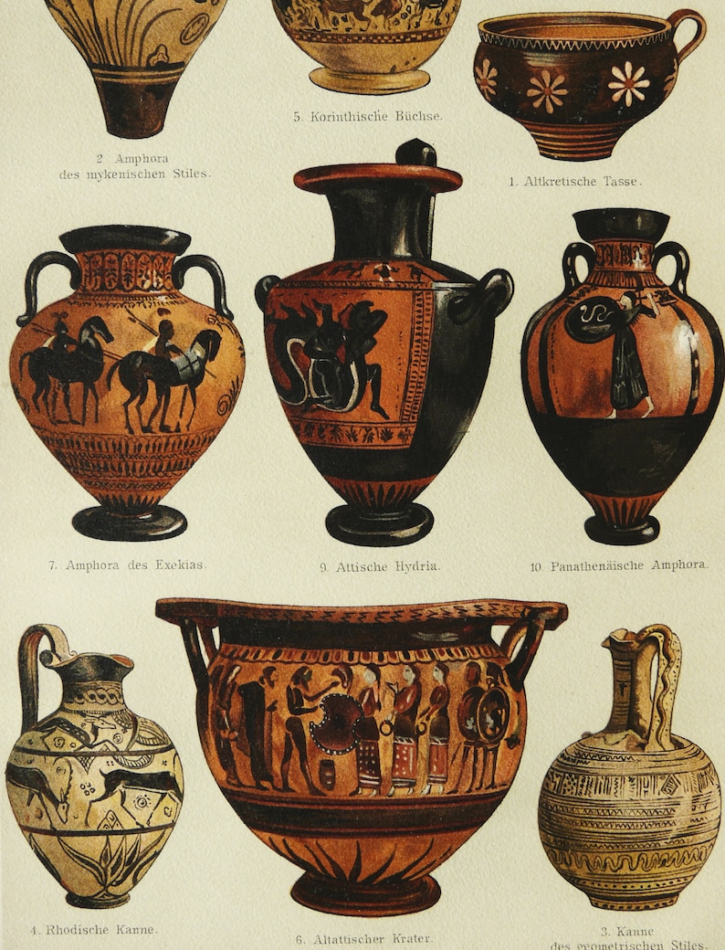1897 Antique Lithograph of ANCIENT GREEK VASES. Kraters. Ancient Greece ...