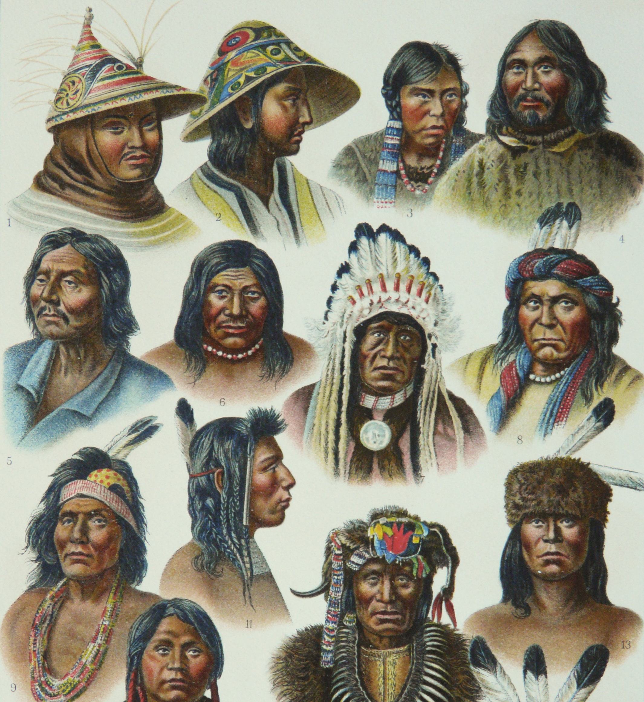 1897 Antique Lithograph of NATIVE AMERICANS TYPES. American - Etsy