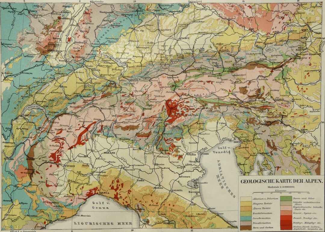 1897 Antique Geological Map of THE ALPS. Geology. Mountains. Italy ...