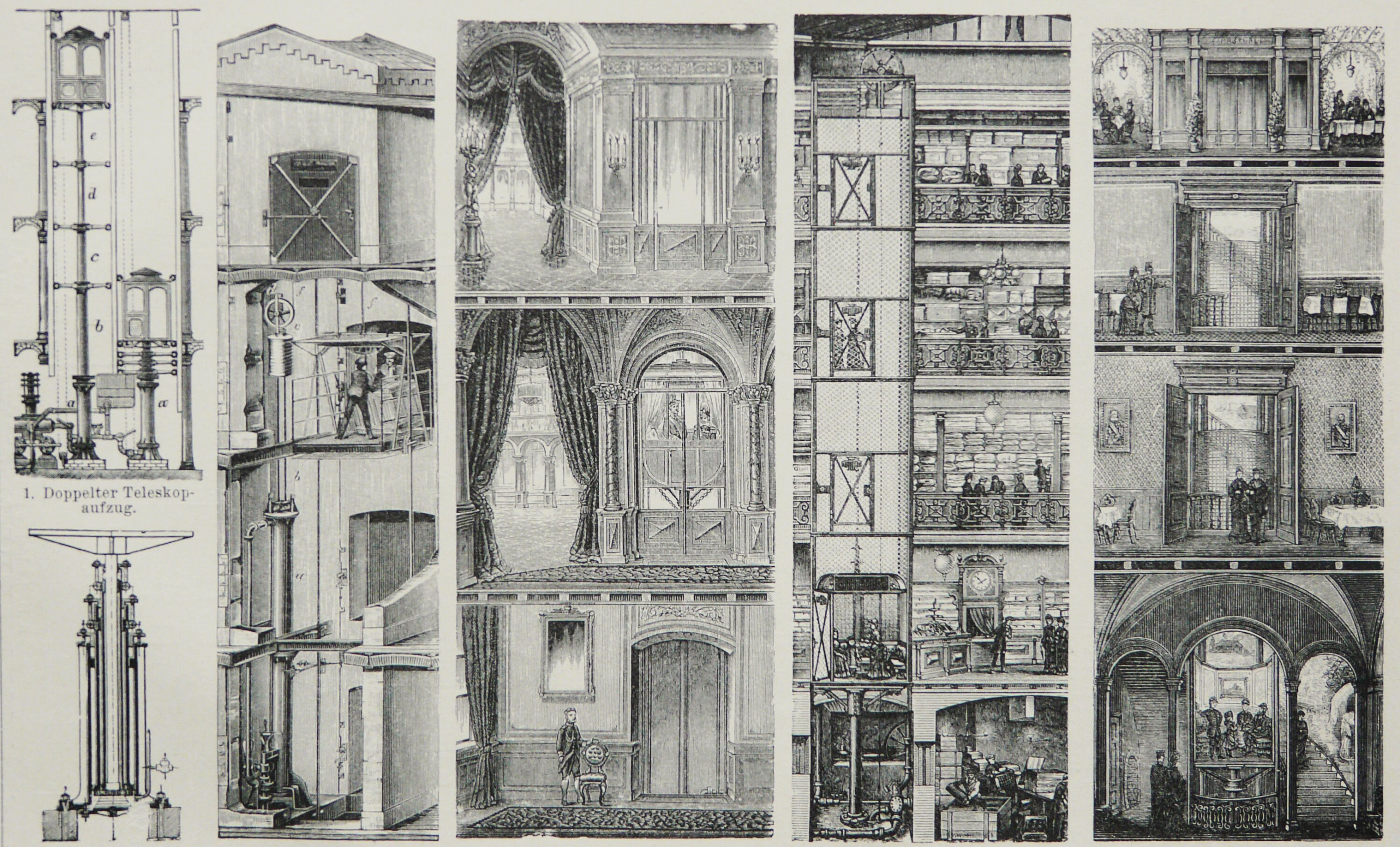 1895 Antique Print of ELEVATORS, Different Types. Elevator. Lifts. 129 ...
