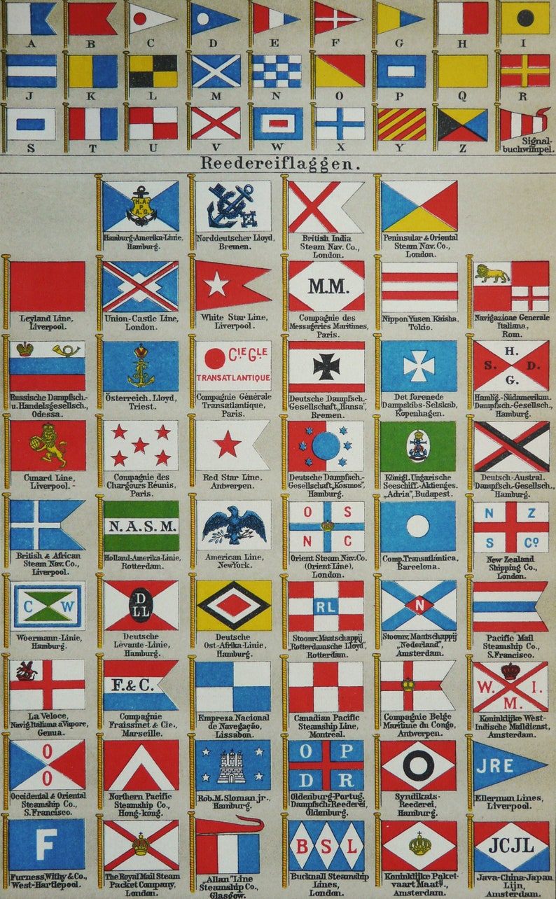 1895 Antique Print of MARITIME FLAGS. Signal Flags. Naval - Etsy
