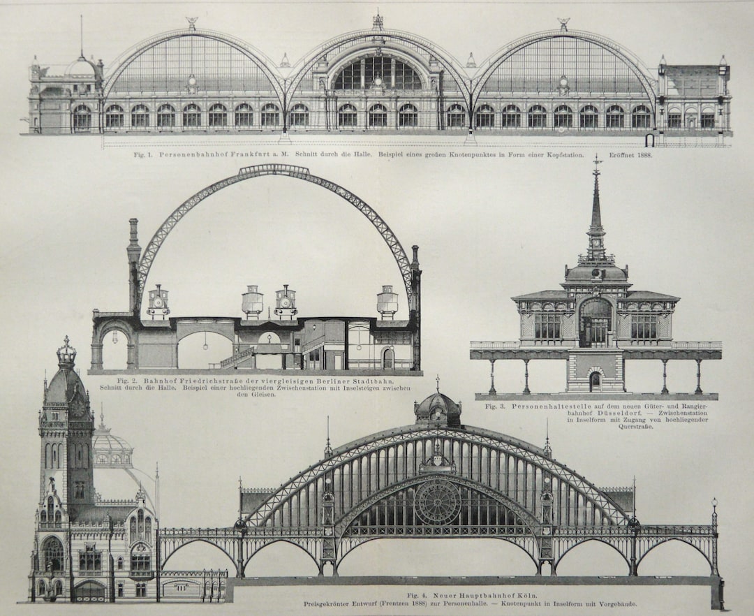 1897 Antique Print of ARCHITECTURE, METAL CONSTRUCTIONS. German Train ...