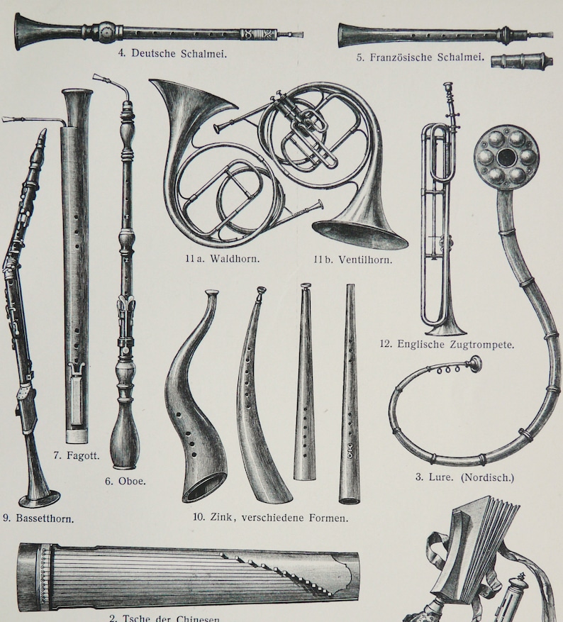 1897 Antique Print of ANCIENT MUSICAL INSTRUMENTS, Different Types ...