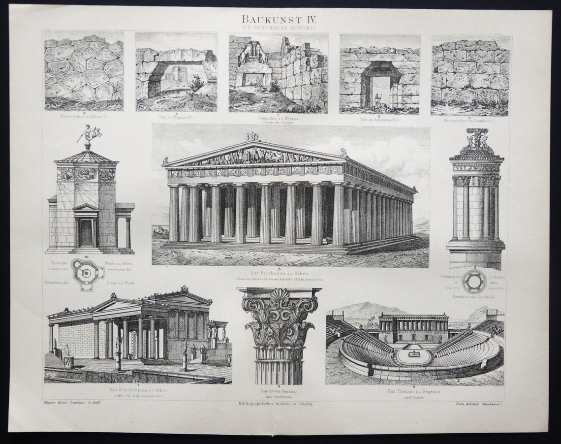 1890 Antique Print of ARCHITECTURE of ANCIENT GREECE. Archaeology ...