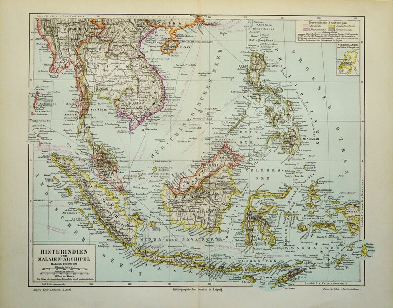 1897 Antique Map of INDONESIA, SOUTHERN ASIA. Vietnam. Philippines ...