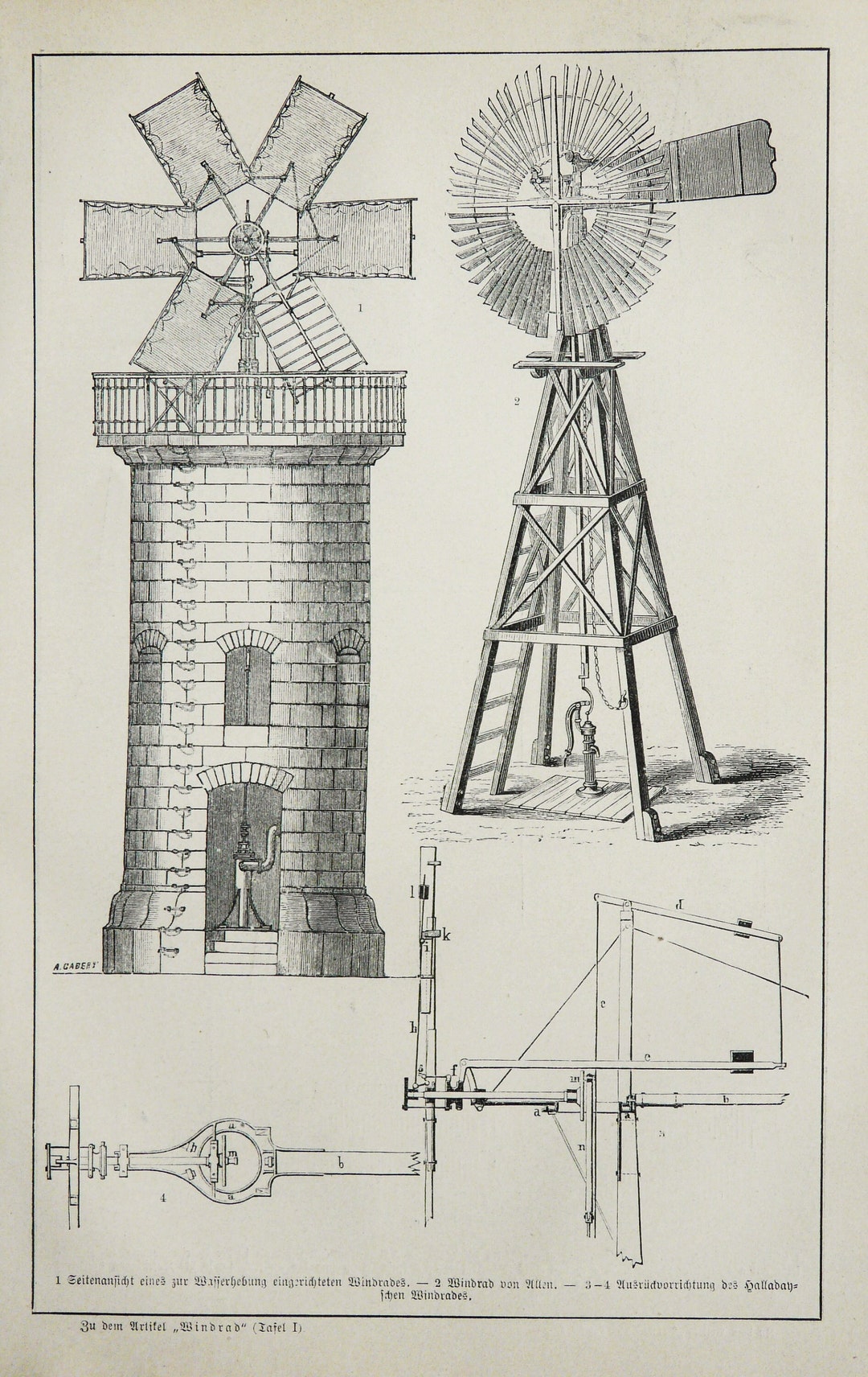 1889 Antique Rare Print of WINDMILLS, Different Types. Cross Section of ...