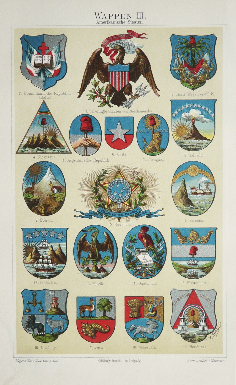 1897 Antique Lithograph of AMERICAN COUNTRIES ESCUTCHEONS. Heraldic ...