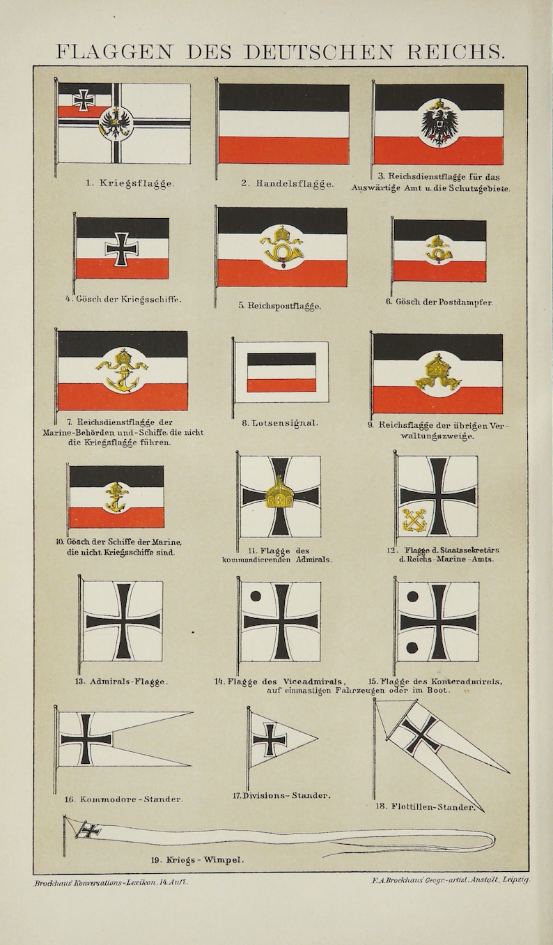 1895 Antique Lithograph of GERMAN HISTORIC FLAGS. Flags of German ...