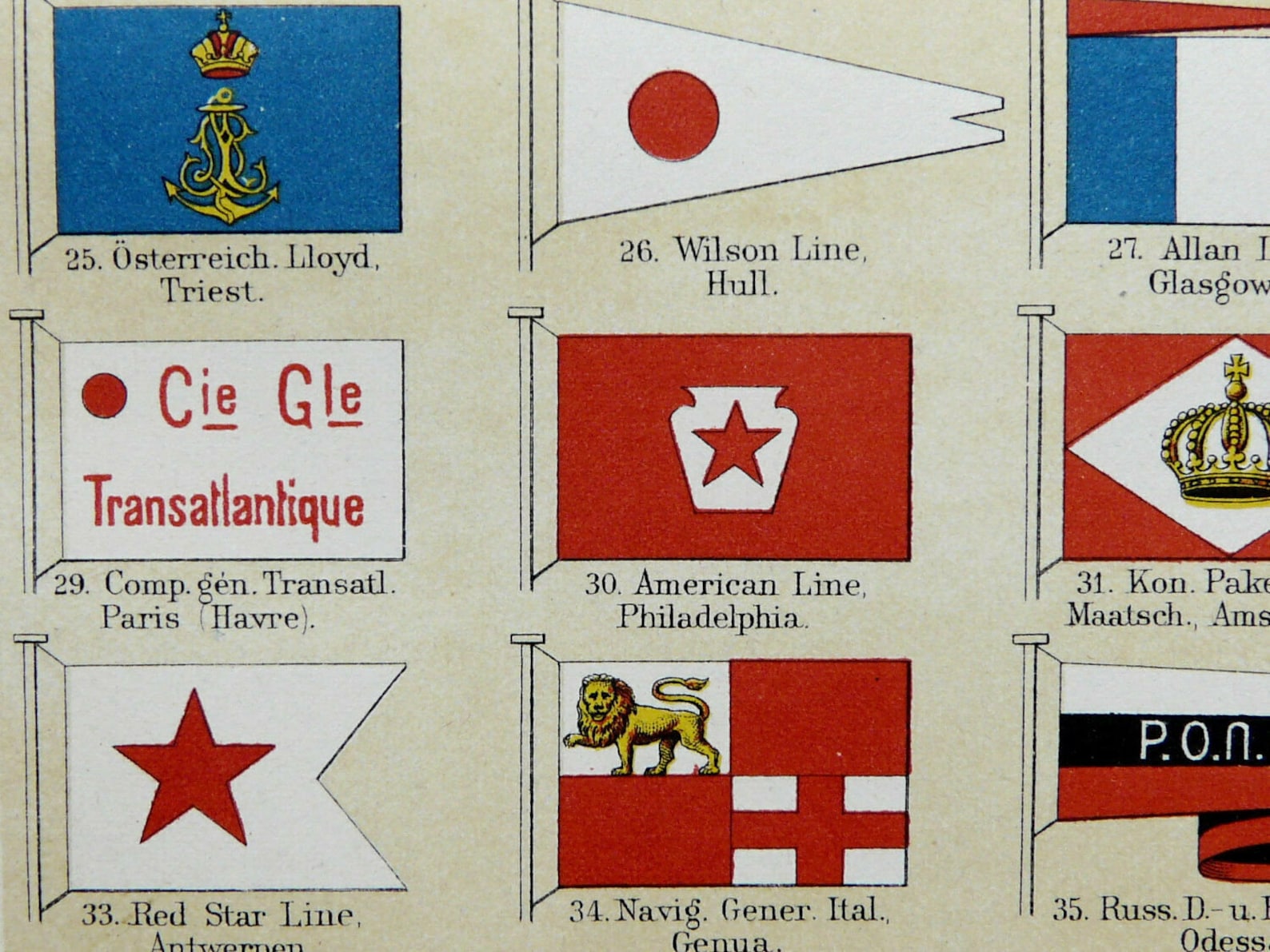 1897 Antique Lithograph of SHIPPING COMPANY FLAGS. Navigation. Naval ...