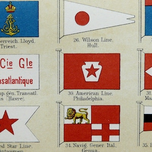 1897 Antique Lithograph of SHIPPING COMPANY FLAGS. Navigation. Naval ...