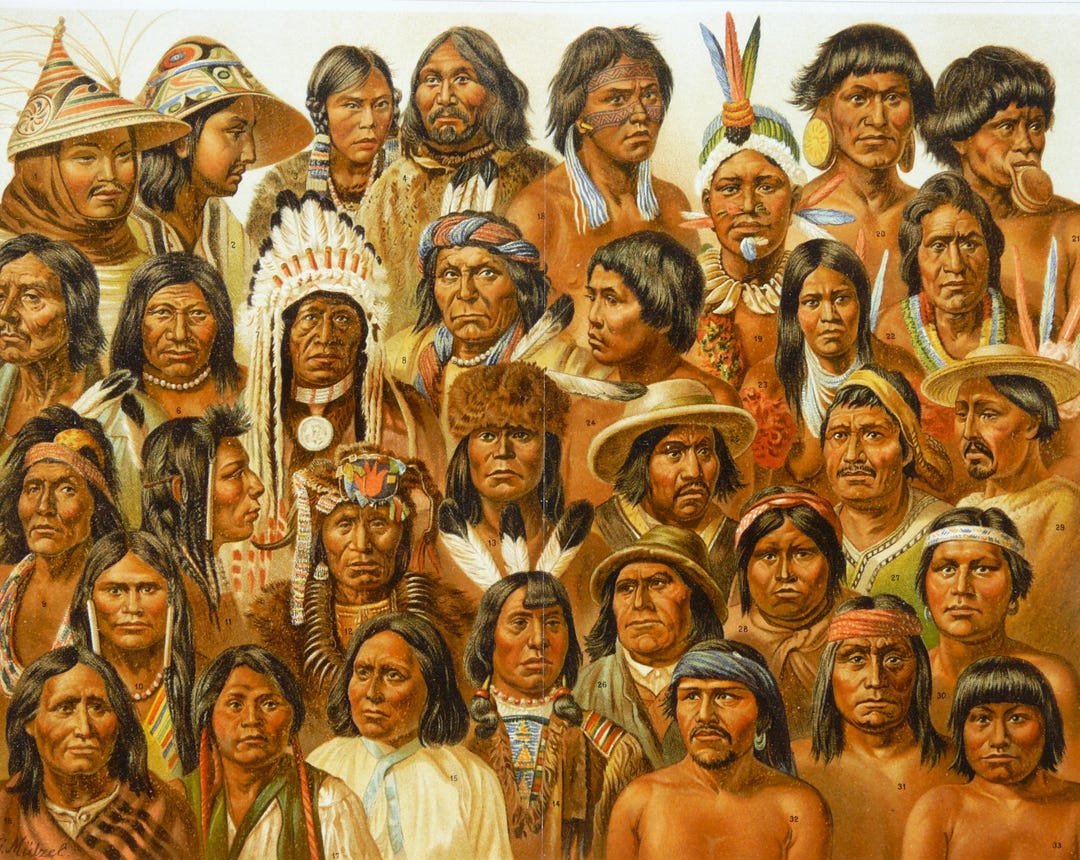 1897 Antique Lithograph of NATIVE AMERICANS TYPES. American Indian ...
