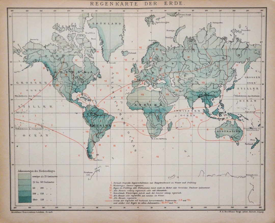 1895 Antique World Map of METEOROLOGY. ANNUAL RAINFALL. Weather Map ...