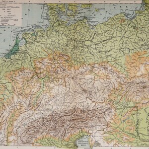 1895 Antique Physical Map of GERMANY and CENTRAL EUROPE. Rivers and ...
