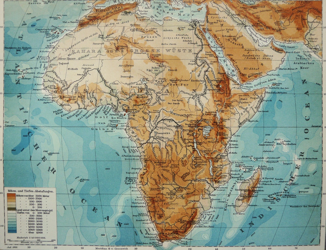 1895 Antique Physical Map of AFRICA, Rivers and Mountains. Geology ...