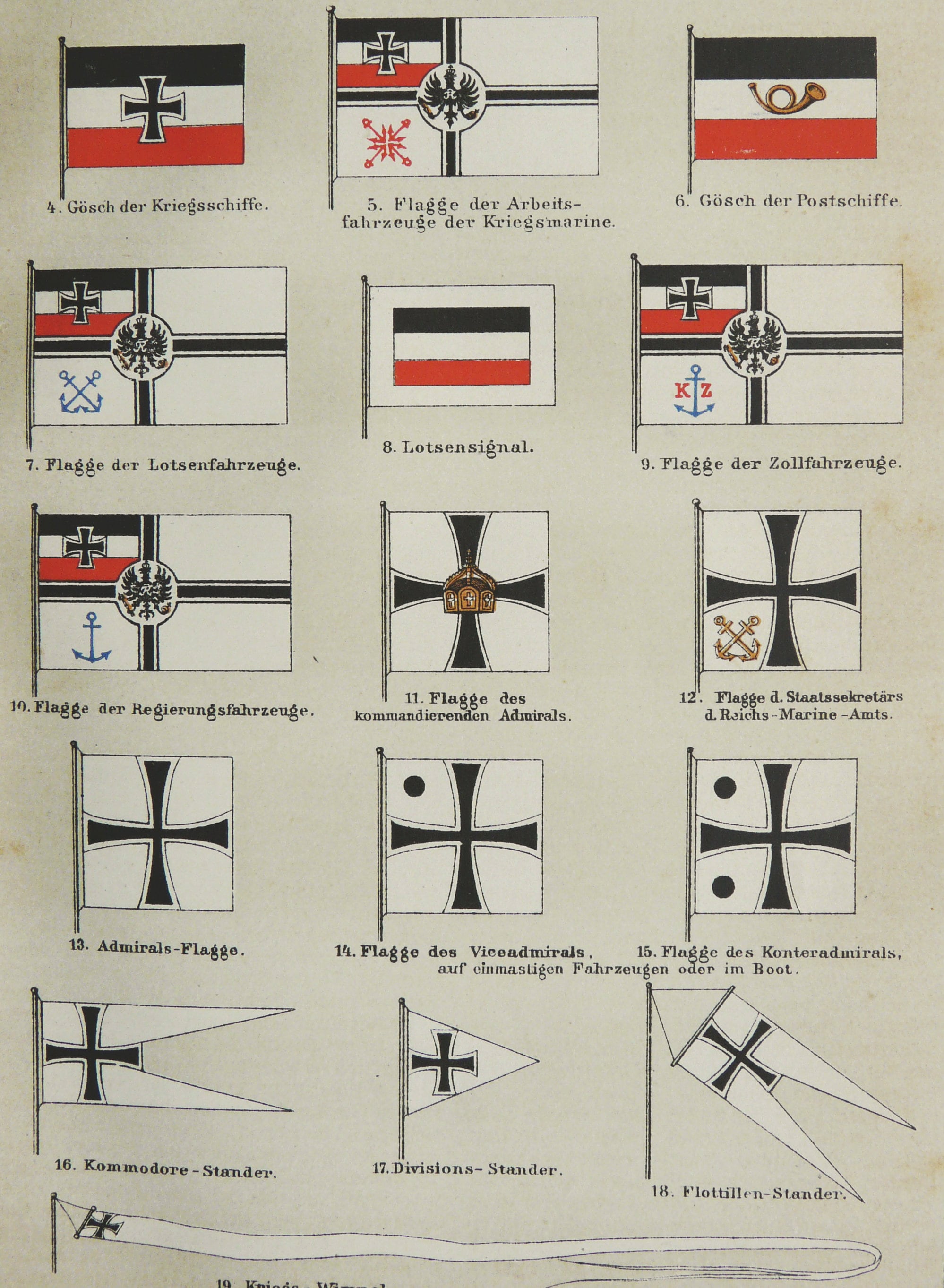 1895 Antique Lithograph of GERMAN HISTORIC FLAGS. Flags of German ...