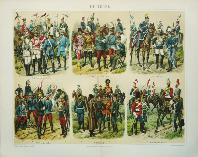 1897 Antique Lithograph of CAVALRY MILITARY UNIFORMS. Militaria ...