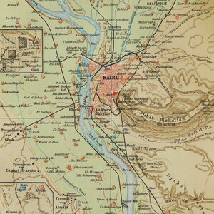 1897 Antique Map of CAIRO, EGYPT. PYRAMIDS. Great Pyramid of Giza ...