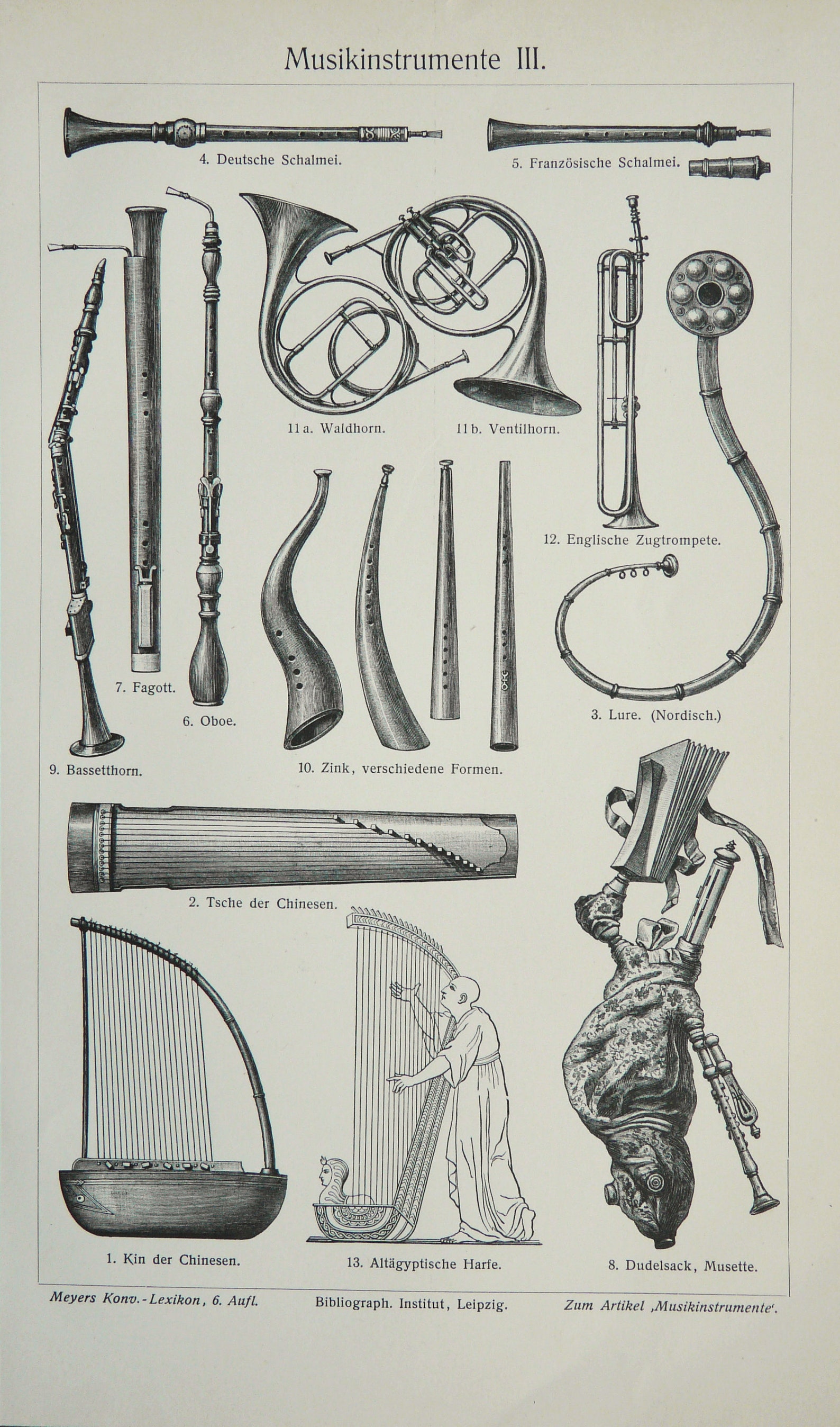 1897 Antique Print of ANCIENT MUSICAL INSTRUMENTS, Different Types ...