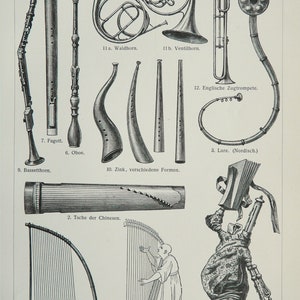 1897 Antique Print of ANCIENT MUSICAL INSTRUMENTS, Different Types ...