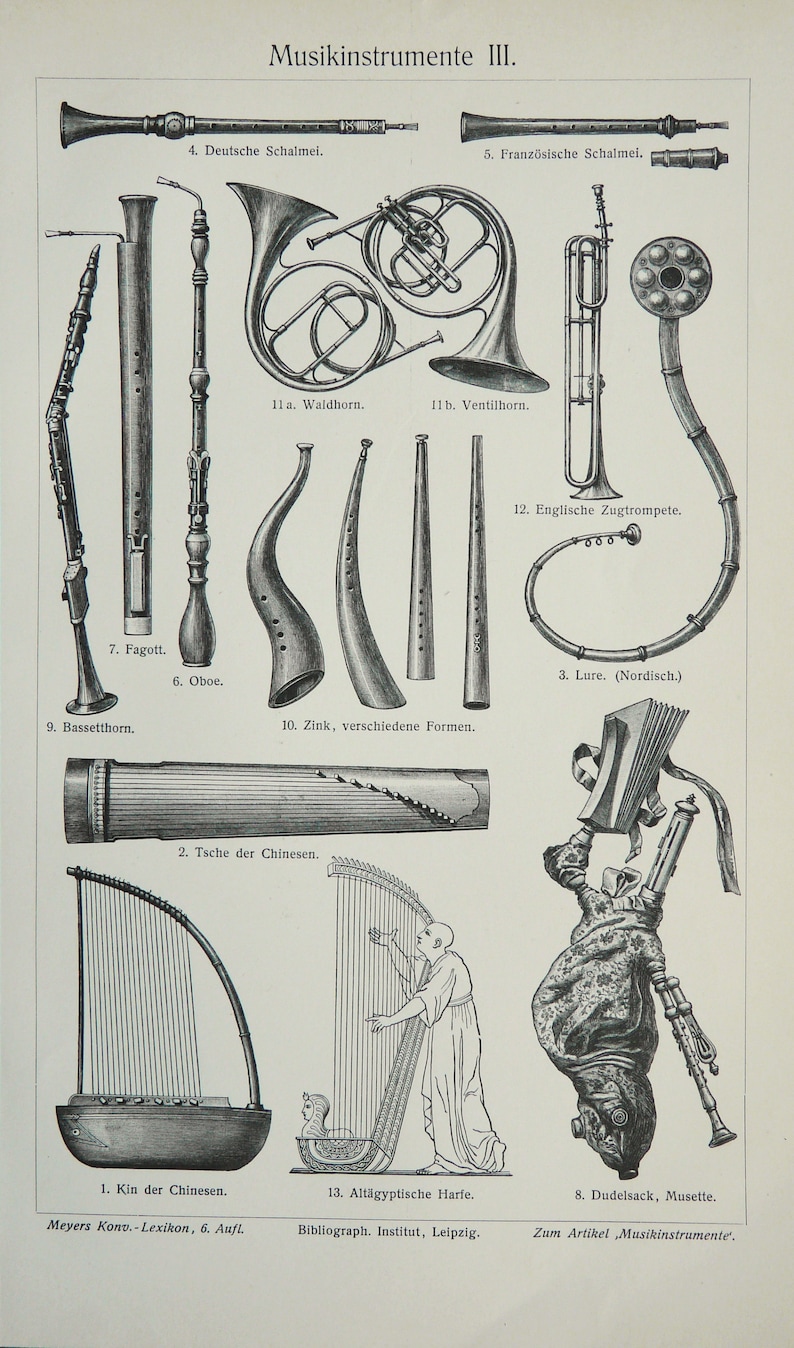 1897 Antique Print of ANCIENT MUSICAL INSTRUMENTS, Different Types ...
