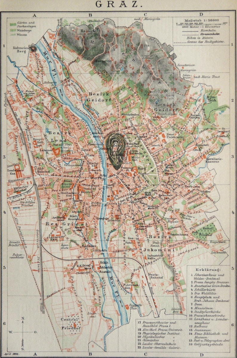1895 Antique City Map of GRAZ, AUSTRIA. 129 Years Old Print. - Etsy