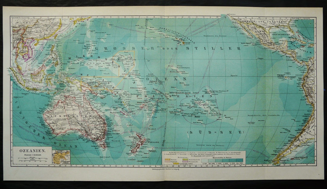 1897 Antique Large Map of OCEANIA. PACIFIC OCEAN. Polynesia. Melanesia ...