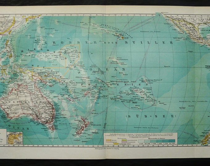 1897 Antique Large Map of OCEANIA. PACIFIC OCEAN. Polynesia. Melanesia ...