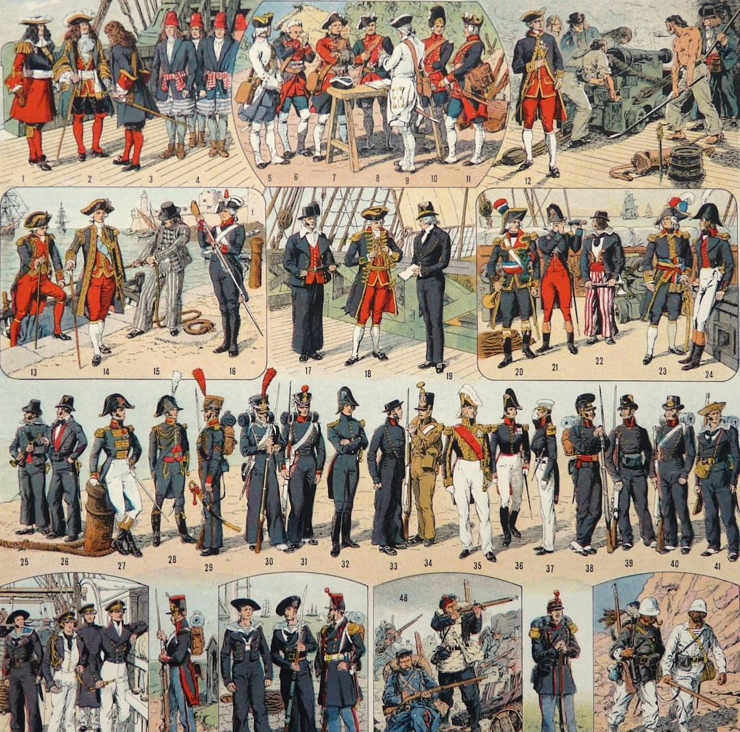 1930 Antique Lithograph of NAVY UNIFORMS From 18th to 20th Century ...