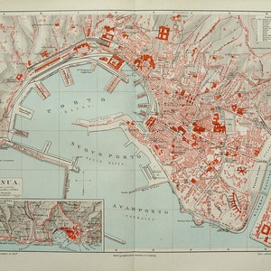 1897 Antique City Map of GENOA, ITALY. Genova. Italia. 127 Years Old ...