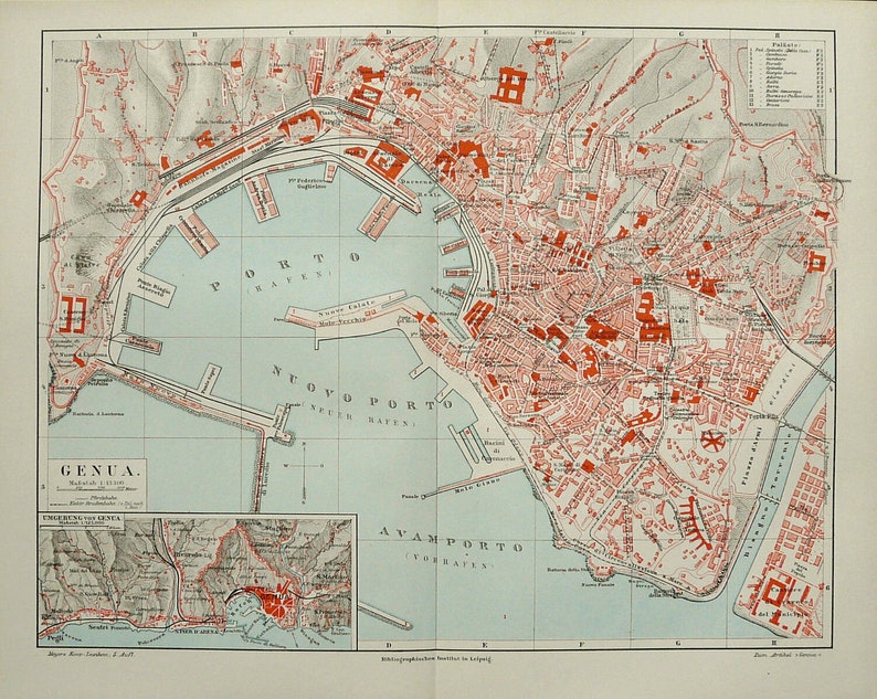 1897 Antique City Map of GENOA, ITALY. Genova. Italia. 127 Years Old ...