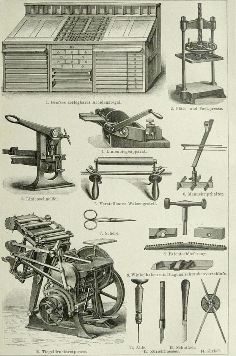 1895 Antique Print of PRINTING, Appareils and Tools. PRINTING PRESSES ...