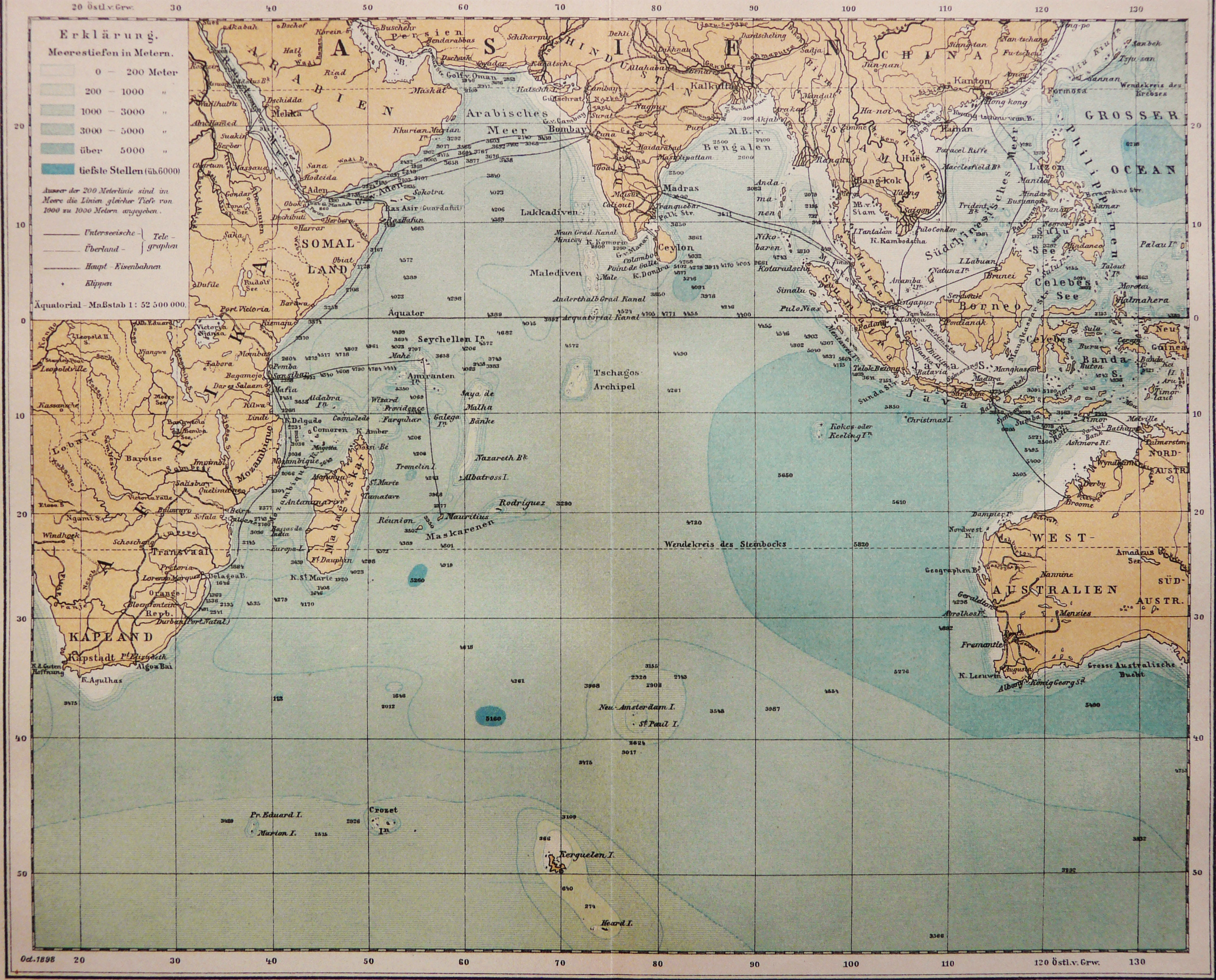 1895 Antique Map of THE INDIAN OCEAN. Navigation. 129 Years Old Chart ...