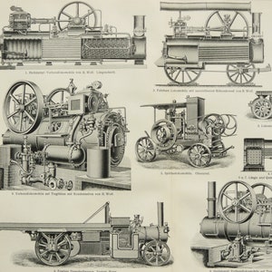 1897 Antique Print of ANCIENT ENGINES. Steam-powered Tractors. Steam ...