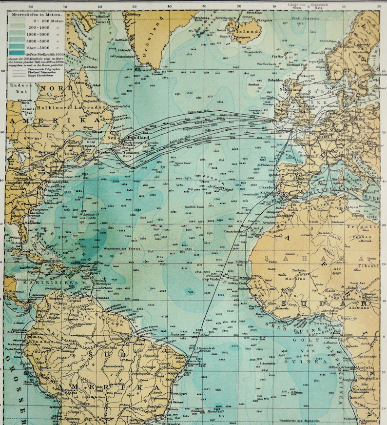 1895 Antique Map of THE ATLANTIC OCEAN. Navigation. 129 Years Old Chart ...