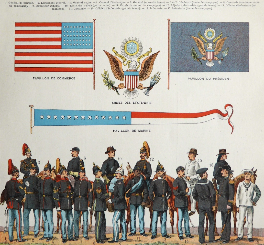 1900 Antique Lithograph of THE UNITED STATES Army and Navy Soldiers ...