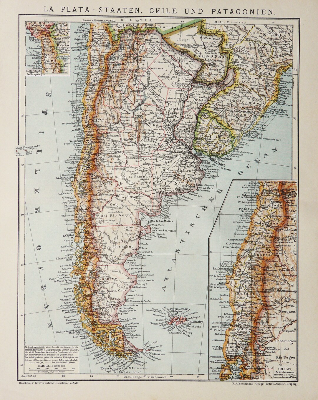 1911 Antique Map of SOUTH AMERICA. Argentina, Chile, Uruguay, Paraguay ...