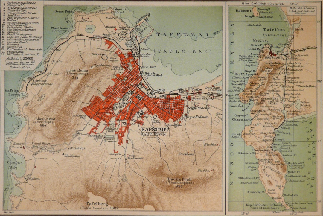 1895 Antique City Map of CAPE TOWN, South Africa. 129 Years Old Town ...