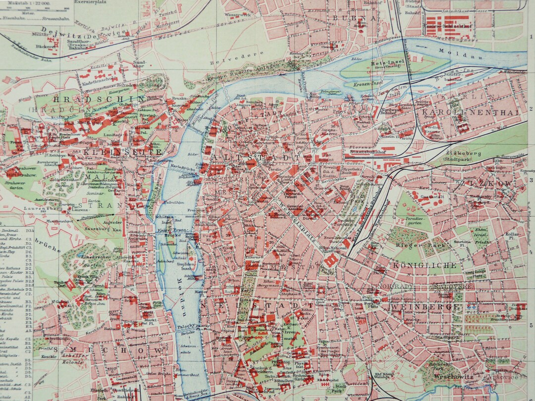 1895 Antique City Map of PRAGUE, CZECH REPUBLIC. Bohemia. 129 Years Old ...