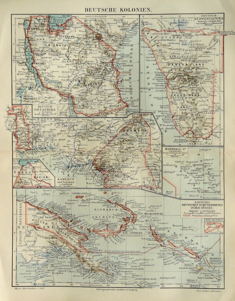 1897 Antique Map of GERMAN COLONIES. German Empire. Germany. Cameroon ...