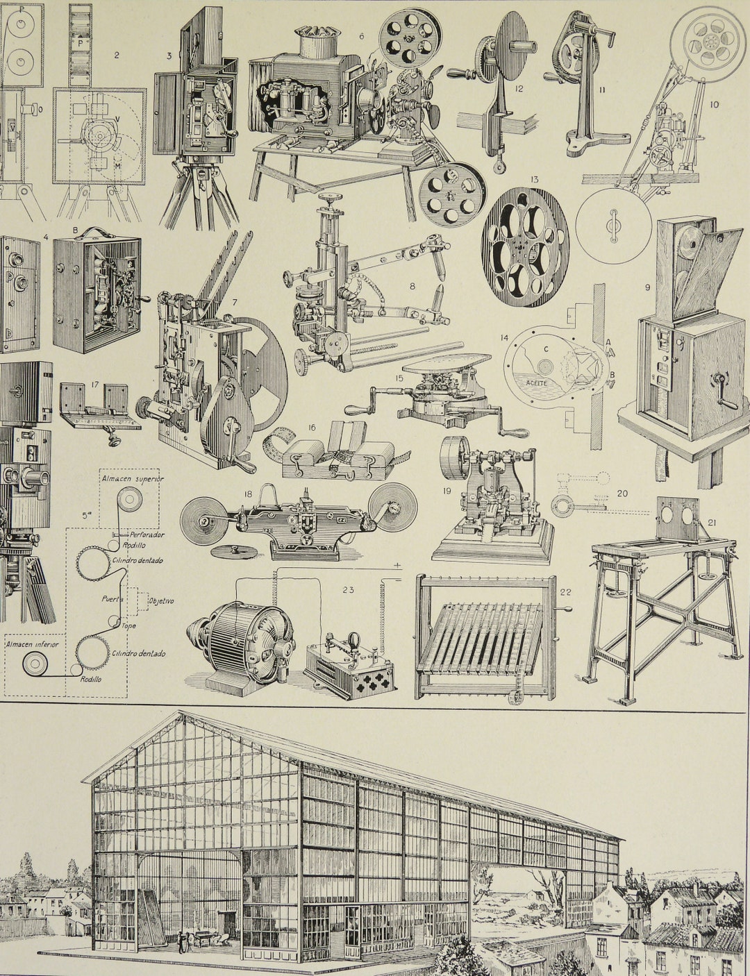 1900 Antique Lithograph of CINEMATOGRAPHY, CINEMA MACHINES. 125 Years ...