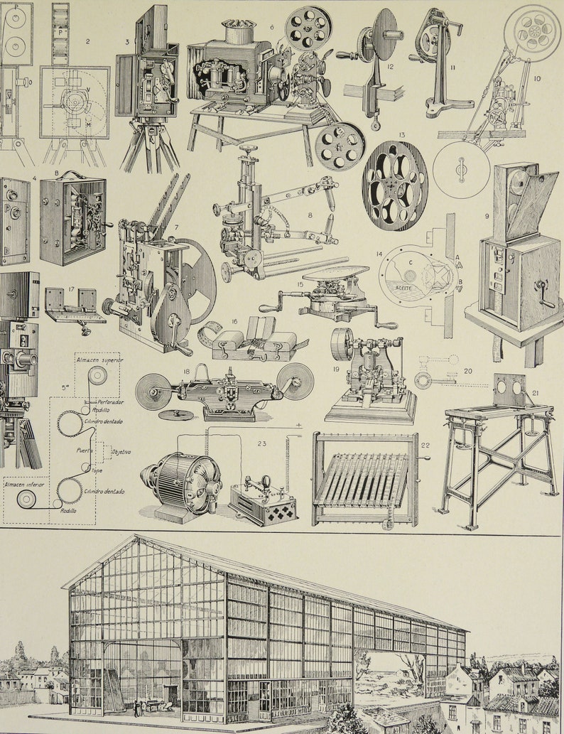 1900 Antique Lithograph of CINEMATOGRAPHY, CINEMA MACHINES. 125 Years ...
