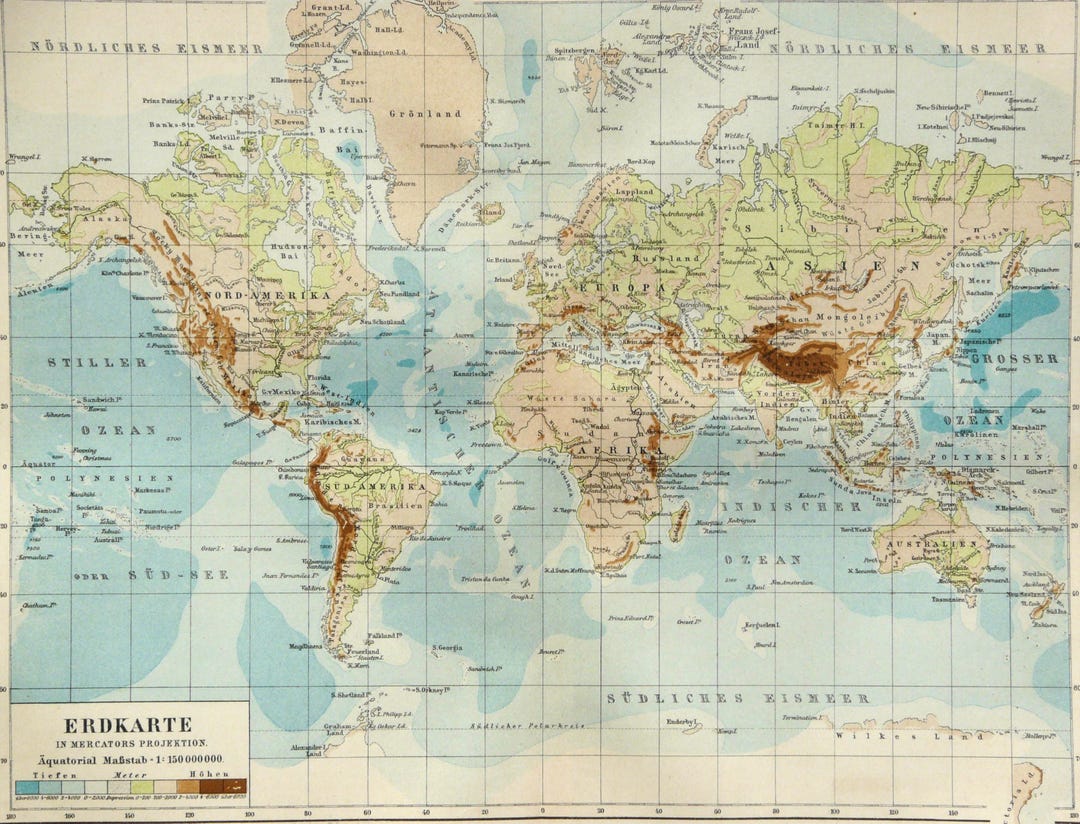 1897 Antique PHYSICAL WORLD MAP. Mappa Mundi. Rivers. Mountains. Oceans ...