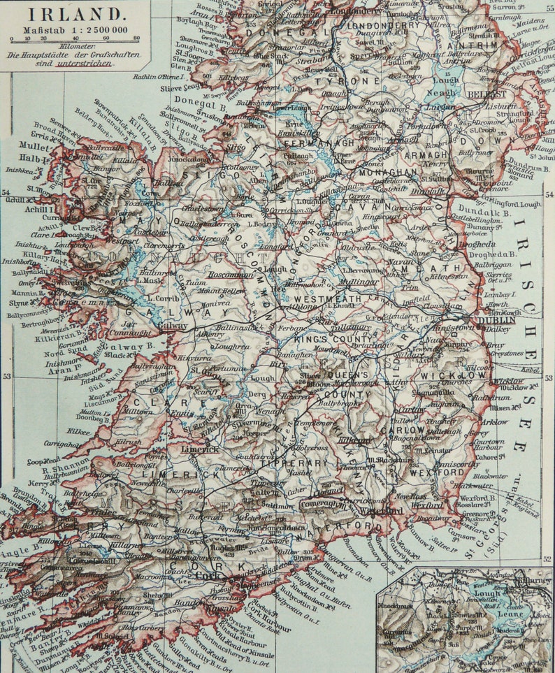 1897 Antique Map of IRELAND. EIRE. Dublin. Geography. 127 Years Old ...