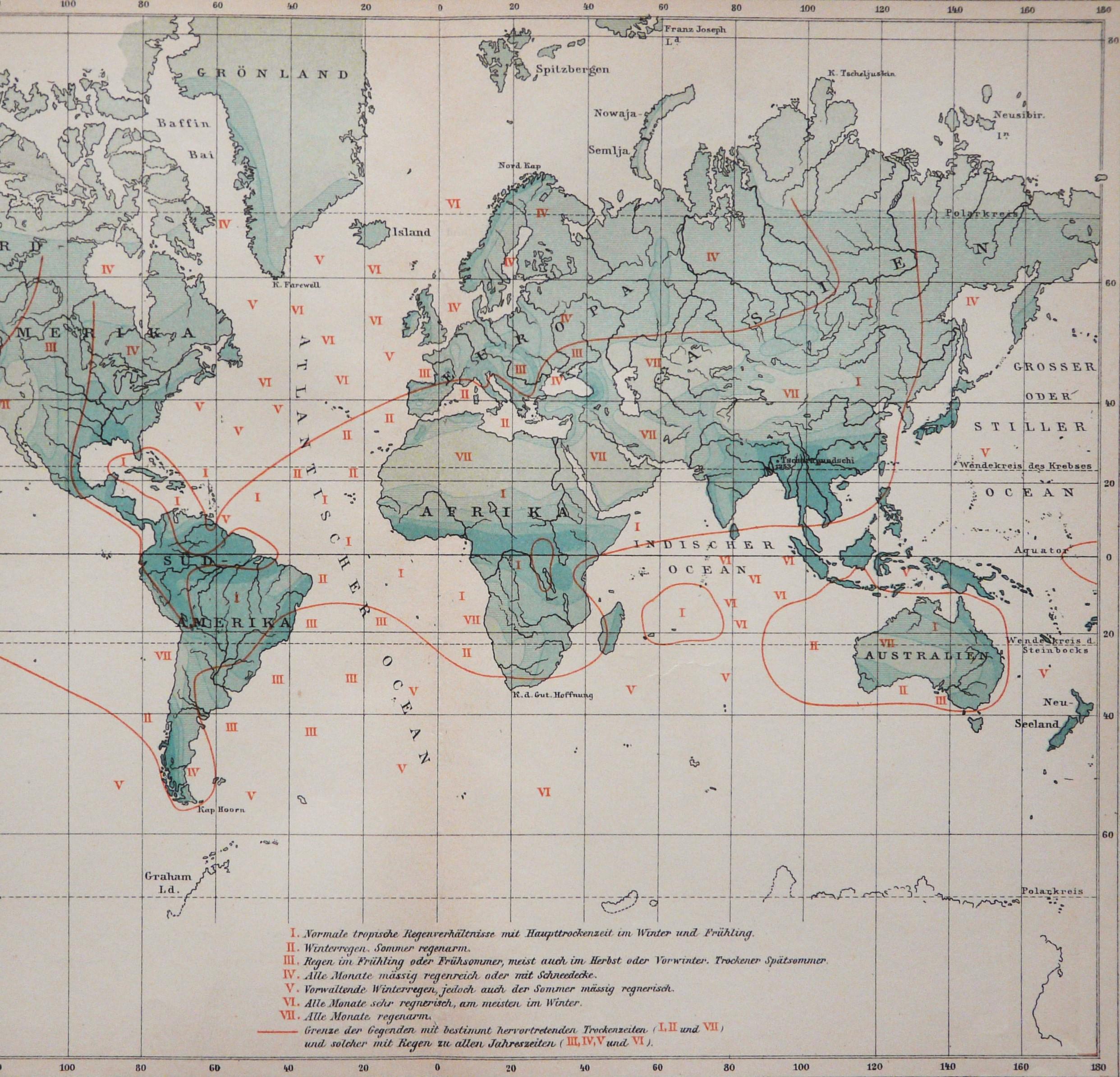 1895 Antique World Map of METEOROLOGY. ANNUAL RAINFALL. Weather Map ...