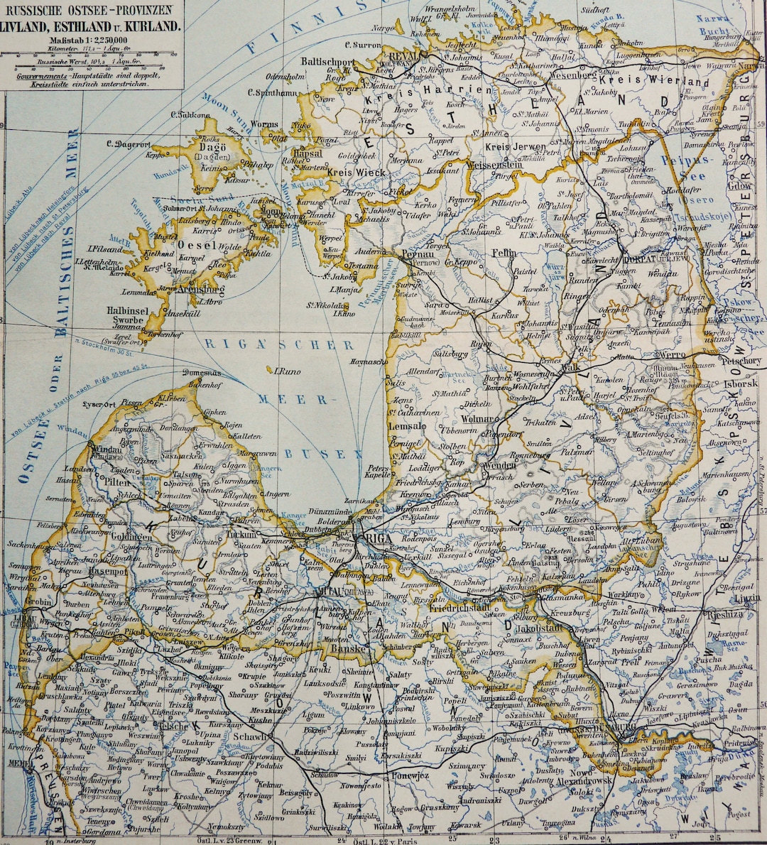 1897 Antique Map of THE BALTIC STATES: Estonia, Latvia, Lithuania ...