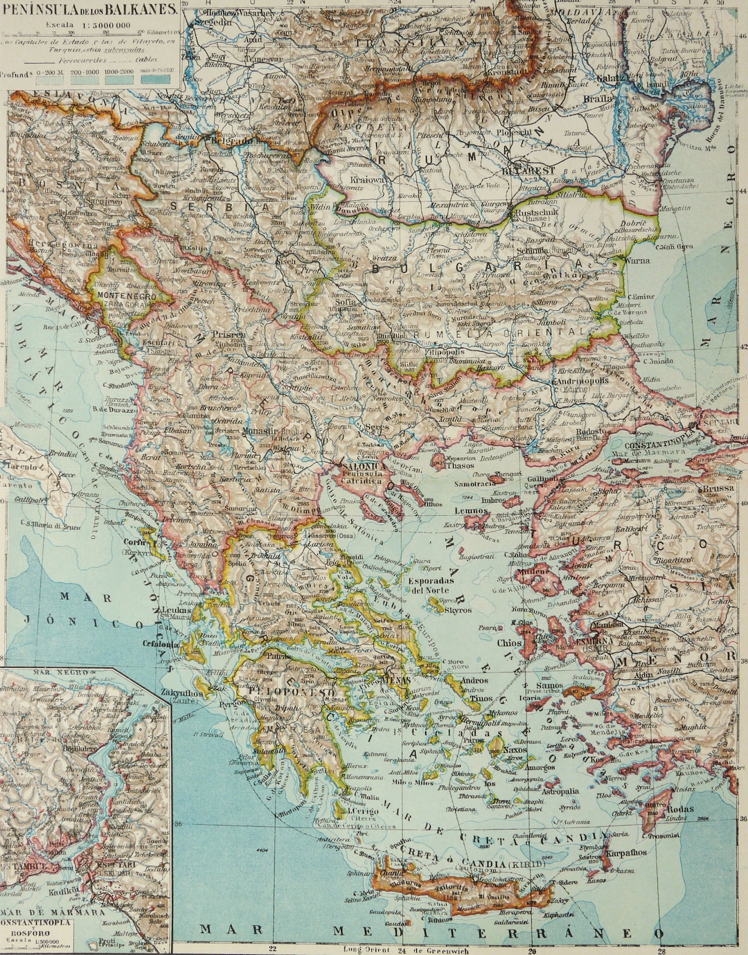 1897 Antique Map of BALKANS. BALKAN PENINSULA. Romania. Bulgaria ...