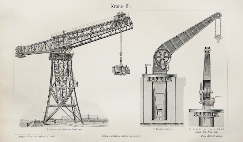 1897 Antique Print of CRANES, CRANE MACHINES, Different Types ...