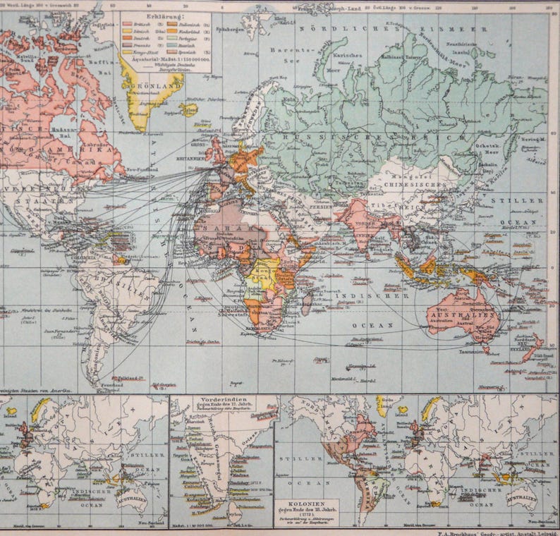 1908 Antique World Map of EUROPEAN COUNTRIES COLONIES in Victorian Era ...